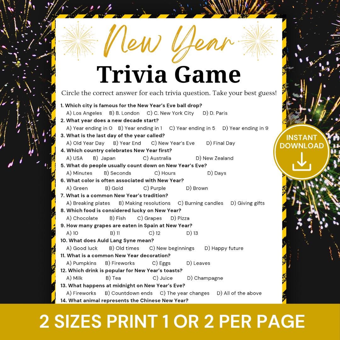 New Year Trivia Game, New Year’s Eve Party Game, Holiday Trivia Quiz ...