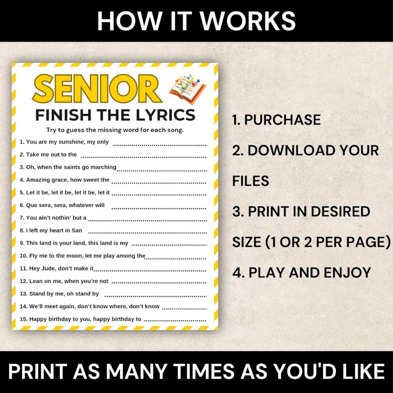 Senior Finish the Lyrics Game, Printable Music Trivia (PDF Download) - Etsy