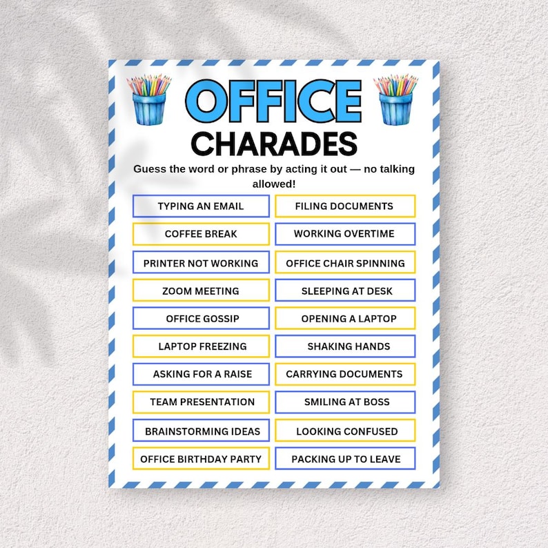 Office Charades Game Printable, Workplace Party Game, Team Building ...