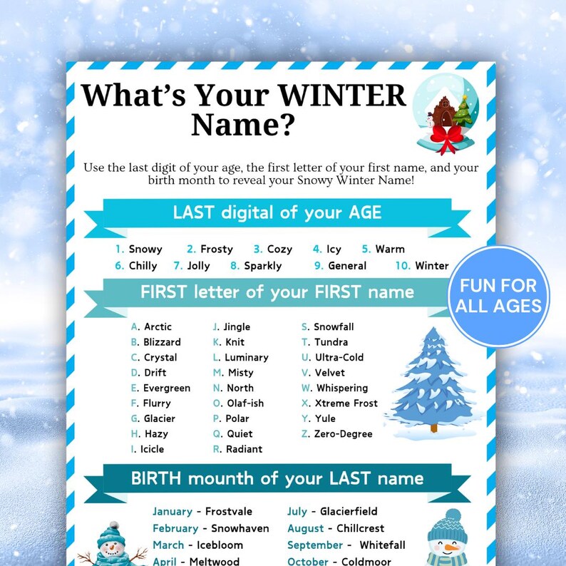 What’s Your Winter Name Game, Winter Party Game, Printable Icebreaker ...