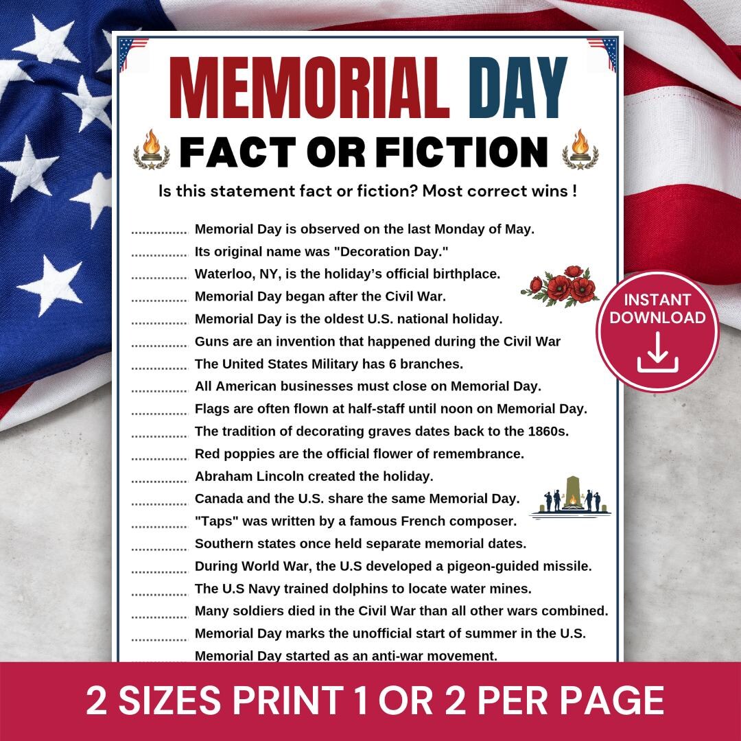 Memorial Day Fact or Fiction Game, Memorial Day Trivia Game, Patriotic ...