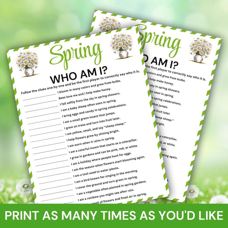 Spring Who Am I Game Printable, Spring Party Guessing Game, Spring ...
