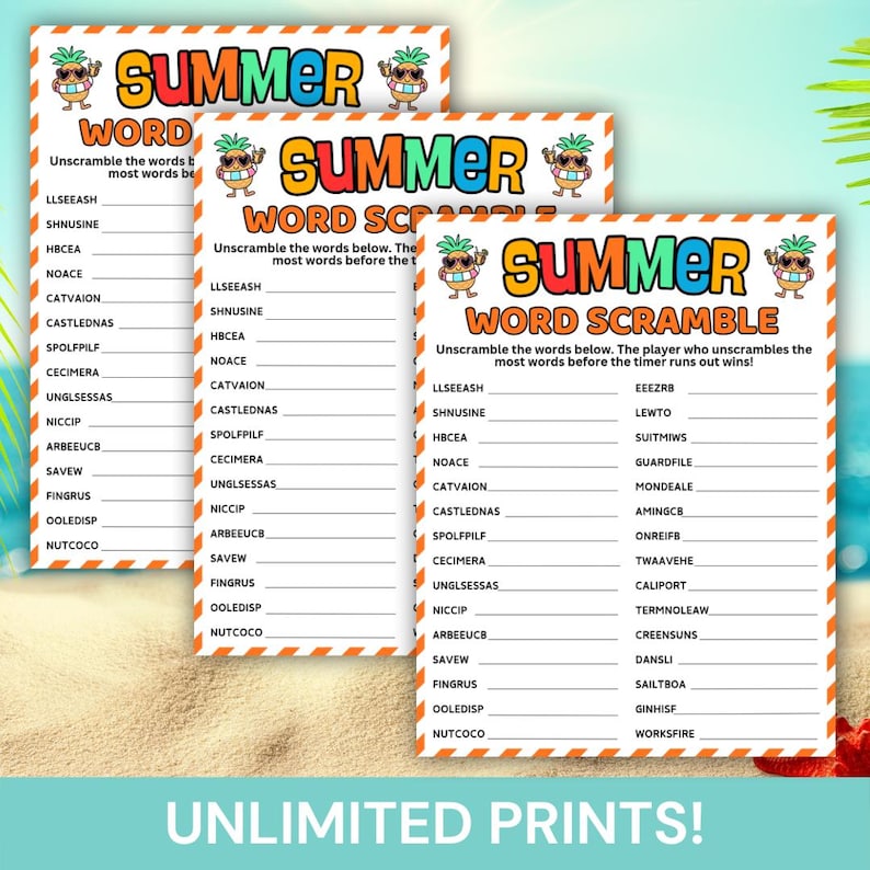 Summer Word Scramble Game, Printable Summer Party Game, Summer Word ...
