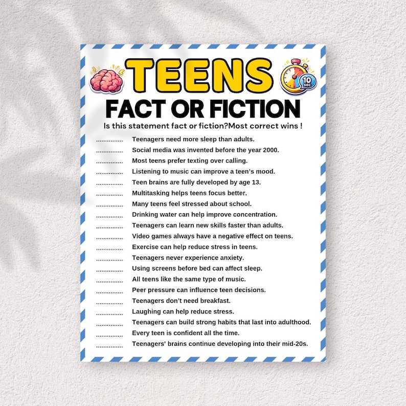 Teens Fact or Fiction Game Printable, Teen Trivia Quiz, Classroom ...