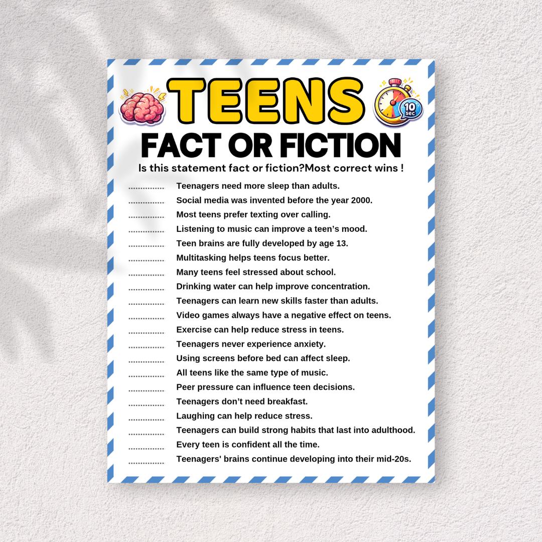 Teens Fact or Fiction Game Printable, Teen Trivia Quiz, Classroom ...