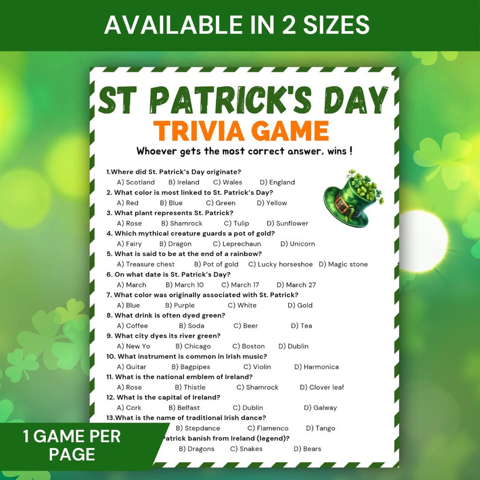 St. Patrick’s Day Trivia Game, Quiz Printable, St Patricks Day Party ...