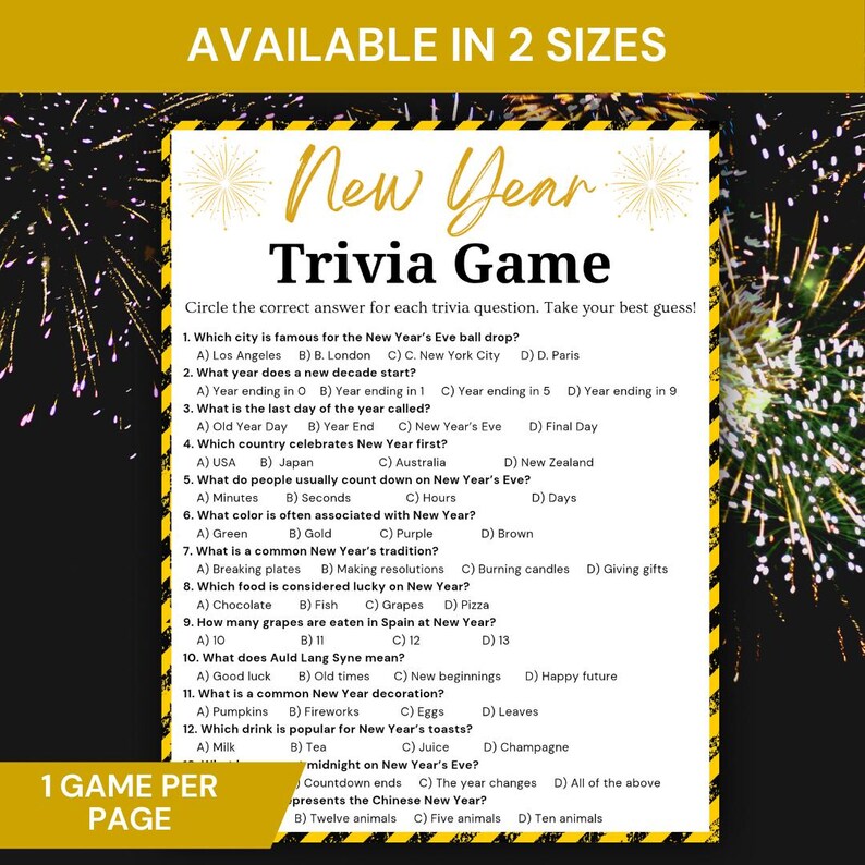 New Year Trivia Game, New Year’s Eve Party Game, Holiday Trivia Quiz ...