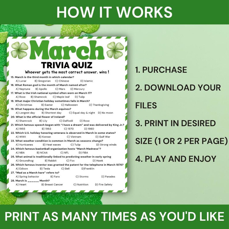March Trivia Game, St Patricks Day Trivia Quiz, Spring Party Game ...