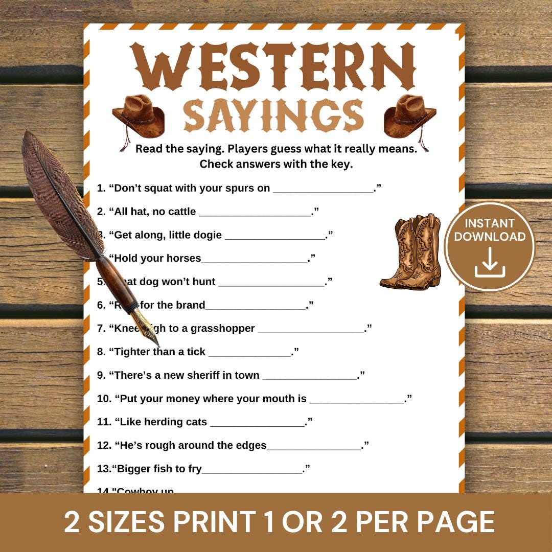 Western Sayings Game, Printable Cowboy Cowgirl Party Game, Rodeo ...