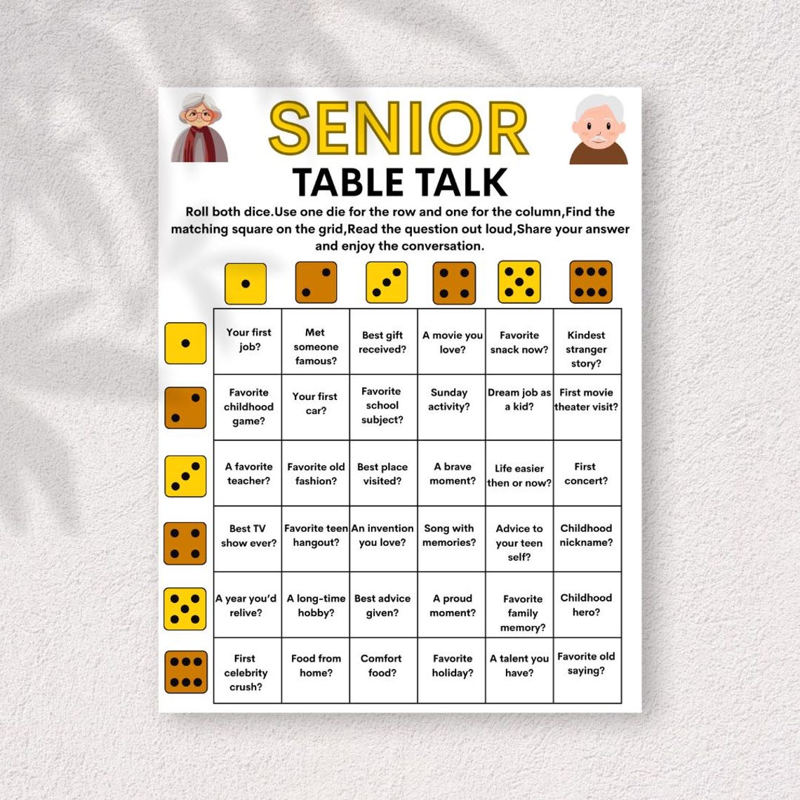 Senior Table Talk Dice Game, Printable Conversation Game for Seniors ...