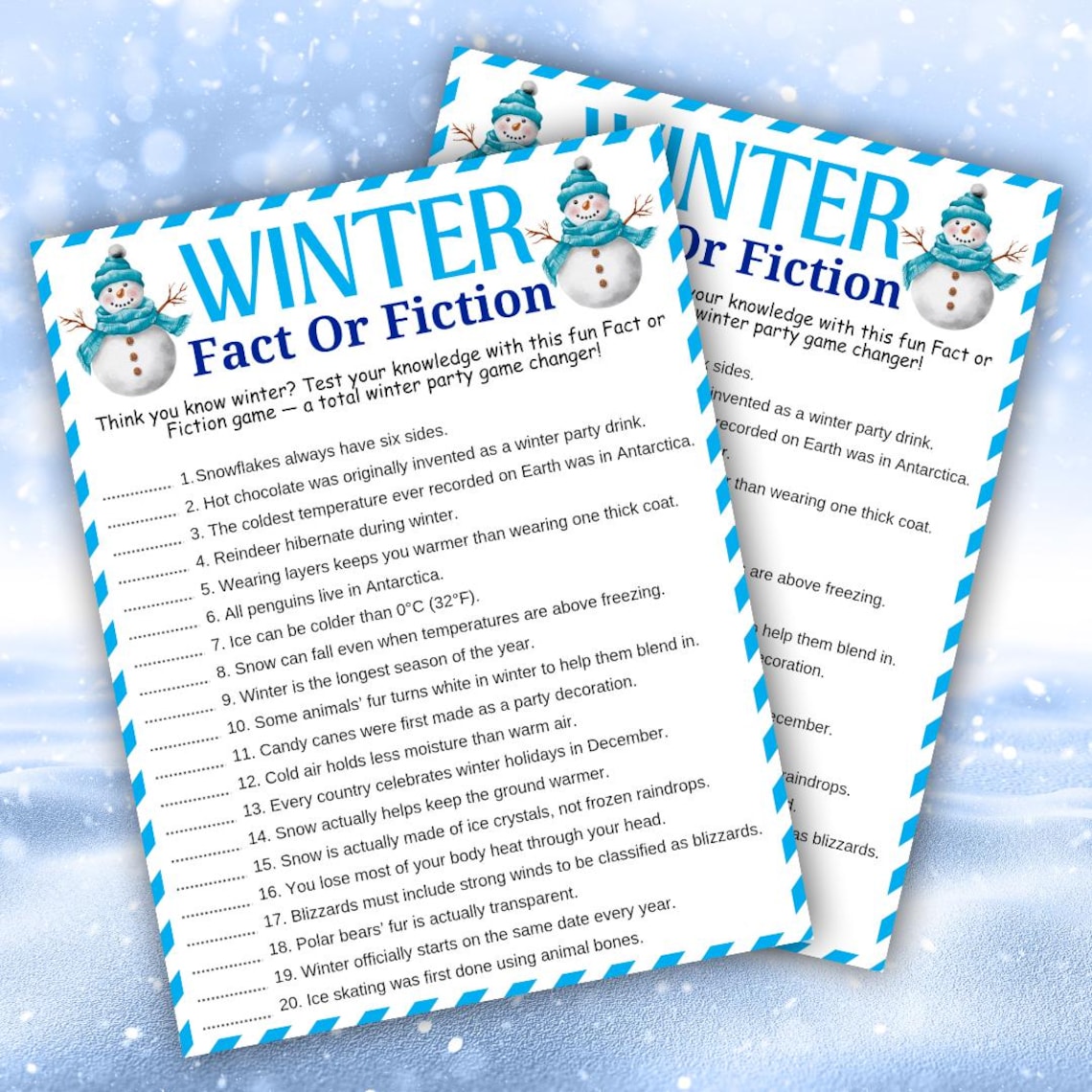 Winter Fact or Fiction Game, Winter Party Game, True or False Winter ...