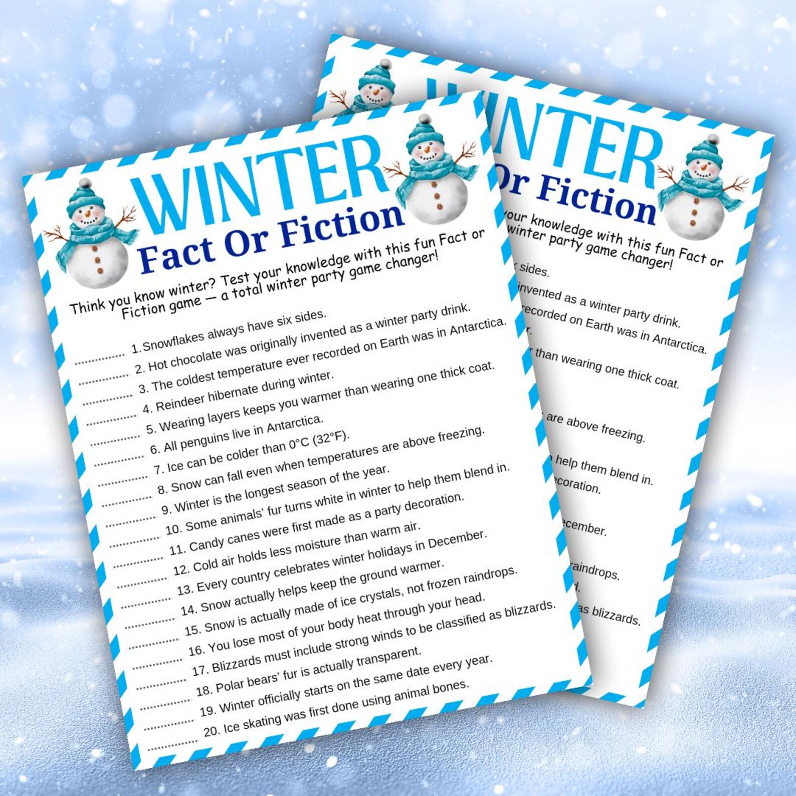 Winter Fact or Fiction Game, Winter Party Game, True or False Winter ...