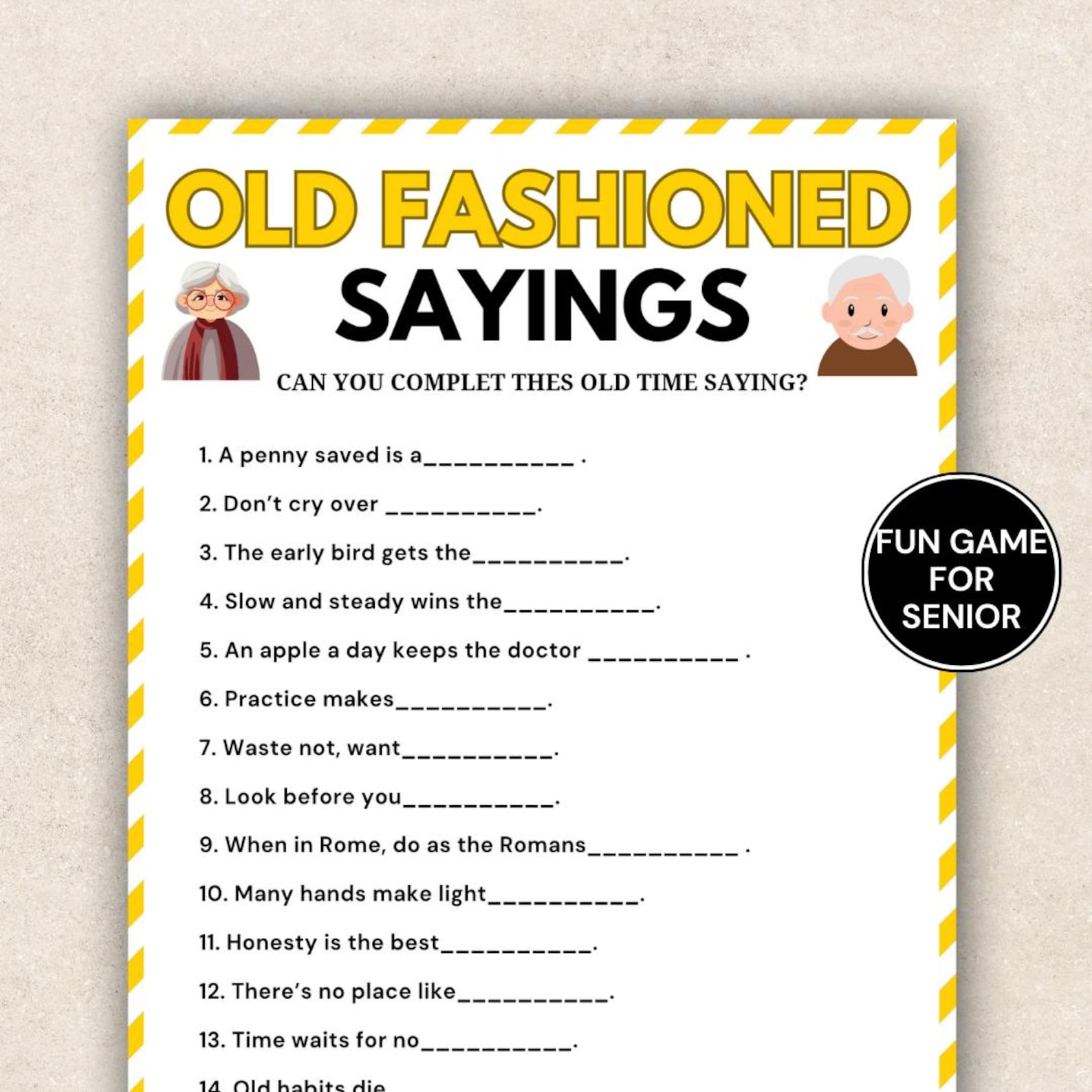 Old Fashioned Sayings Game, Senior Word Match, Printable Elderly Game ...