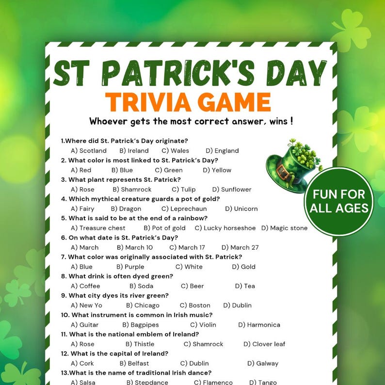 St. Patrick’s Day Trivia Game, Quiz Printable, St Patricks Day Party ...