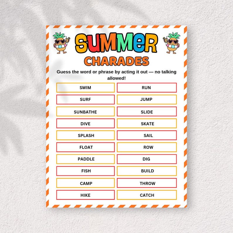 Summer Charades Game, Printable Summer Party Game, Summer Charades ...