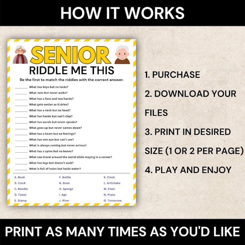Senior Riddle Game, Riddle Me This Matching Game, Brain Teaser Game for ...