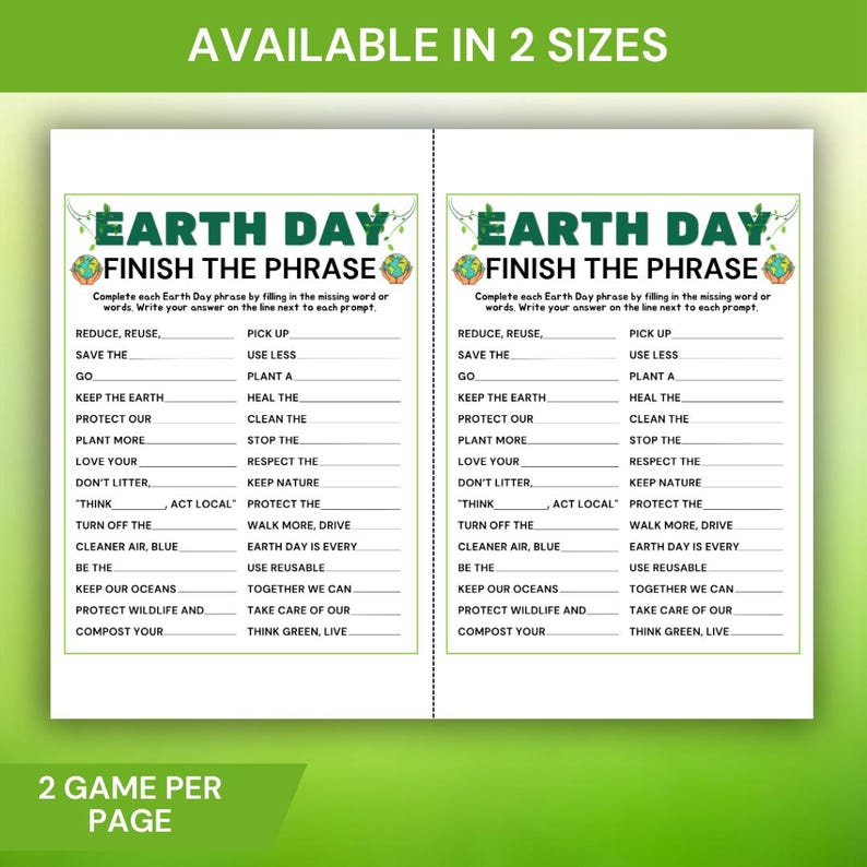 Earth Day Finish the Phrase Game, Earth Day Activity for Kids Adults ...