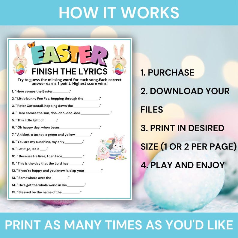 Easter Finish the Lyrics Game, Easter Party Game for Kids & Adults ...