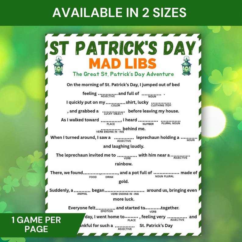 St. Patrick’s Day Mad Libs Game, Printable Irish Story Activity, Fun St ...