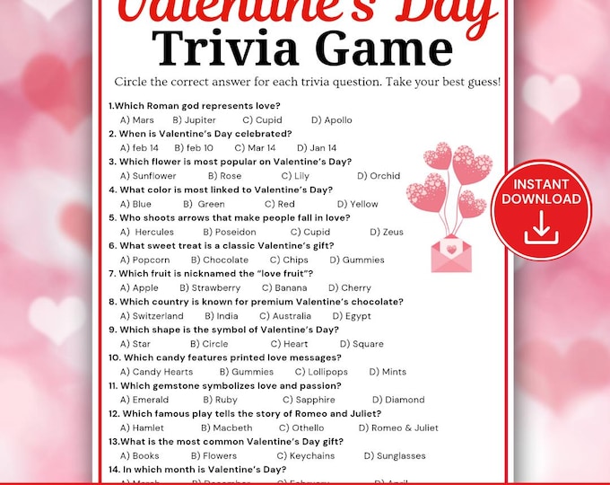 Valentine’s Day Trivia Game, Valentine Party Game, Love Trivia Quiz ...