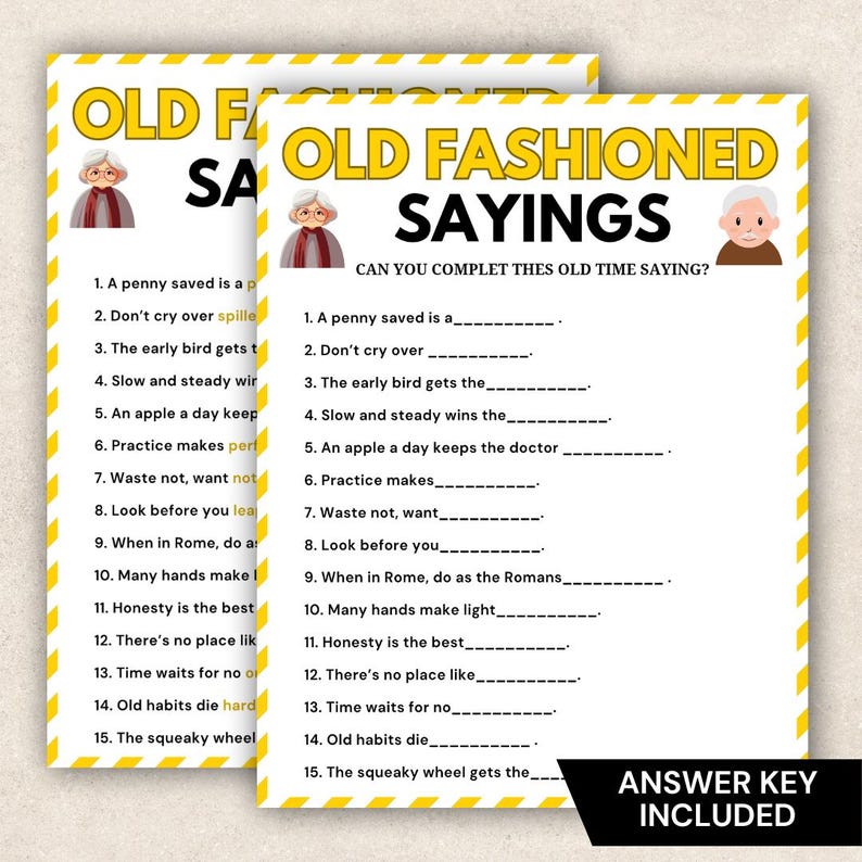 Old Fashioned Sayings Game, Senior Word Match, Printable Elderly Game ...