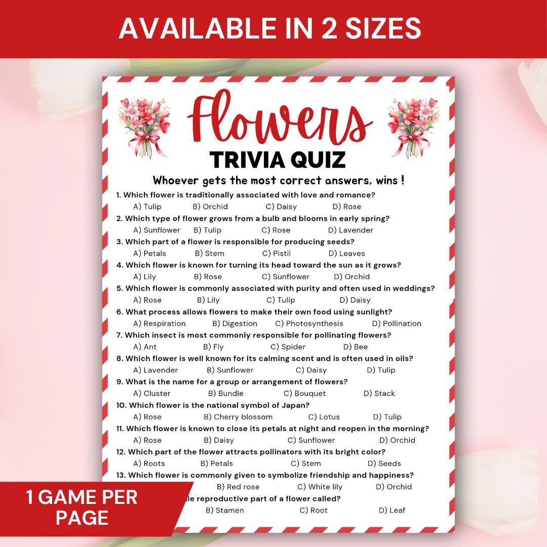 Flower Trivia Game Printable, Flowers Trivia Quiz, Spring Season Game ...