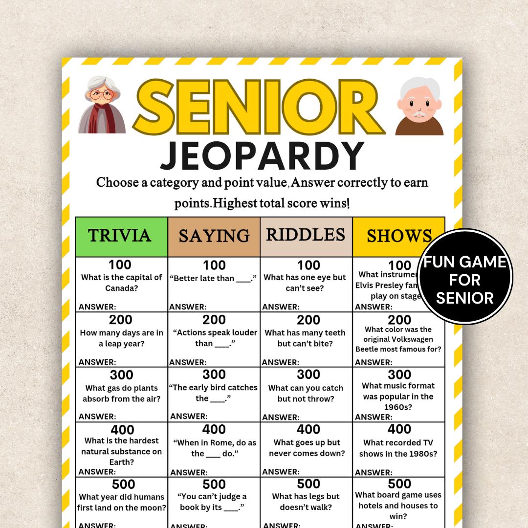 Senior Jeopardy Game Printable, Fun Trivia Game for Seniors Group ...