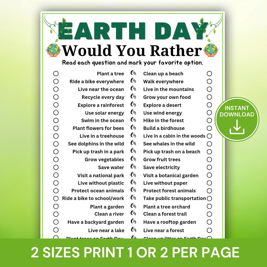Earth Day Would You Rather Game, Fun Earth Day Activity for Kids Adults ...