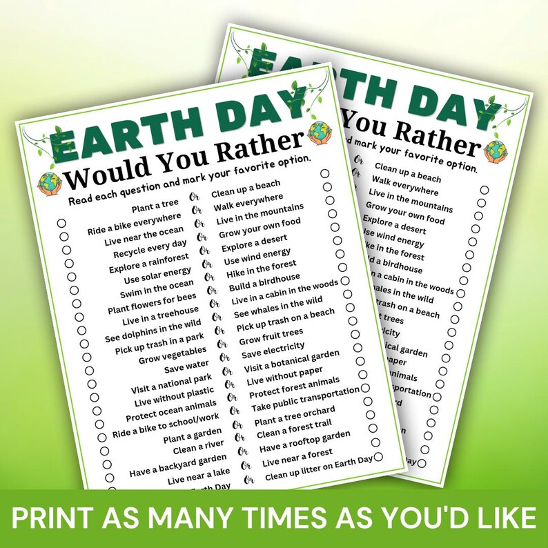 Earth Day Would You Rather Game, Fun Earth Day Activity for Kids Adults ...