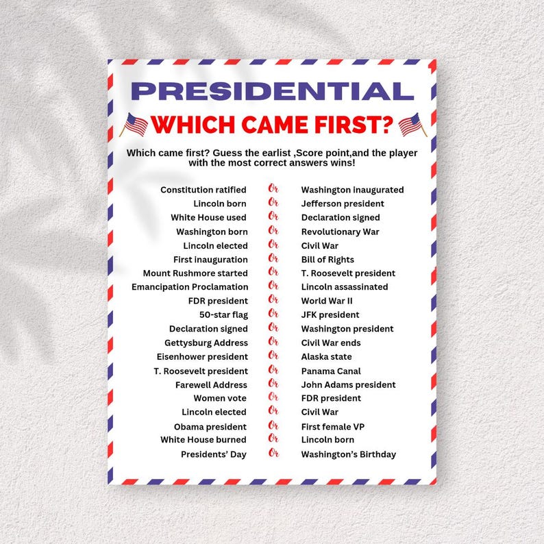 Presidential Which Came First Game, Printable Presidents Trivia Quiz, U ...