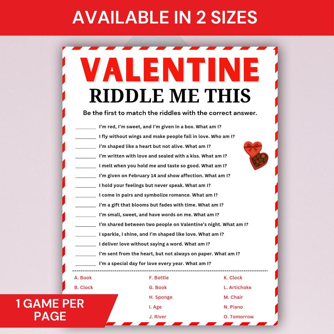 Valentine’s Day Riddles Game, Love Riddle Quiz, Printable Valentine ...