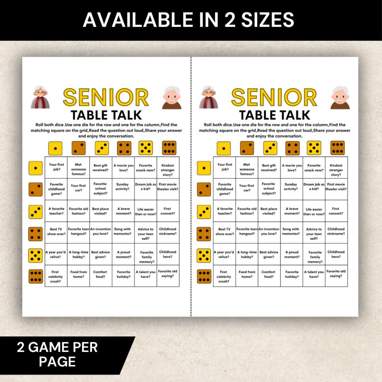 Senior Table Talk Dice Game, Printable Conversation Game for Seniors ...