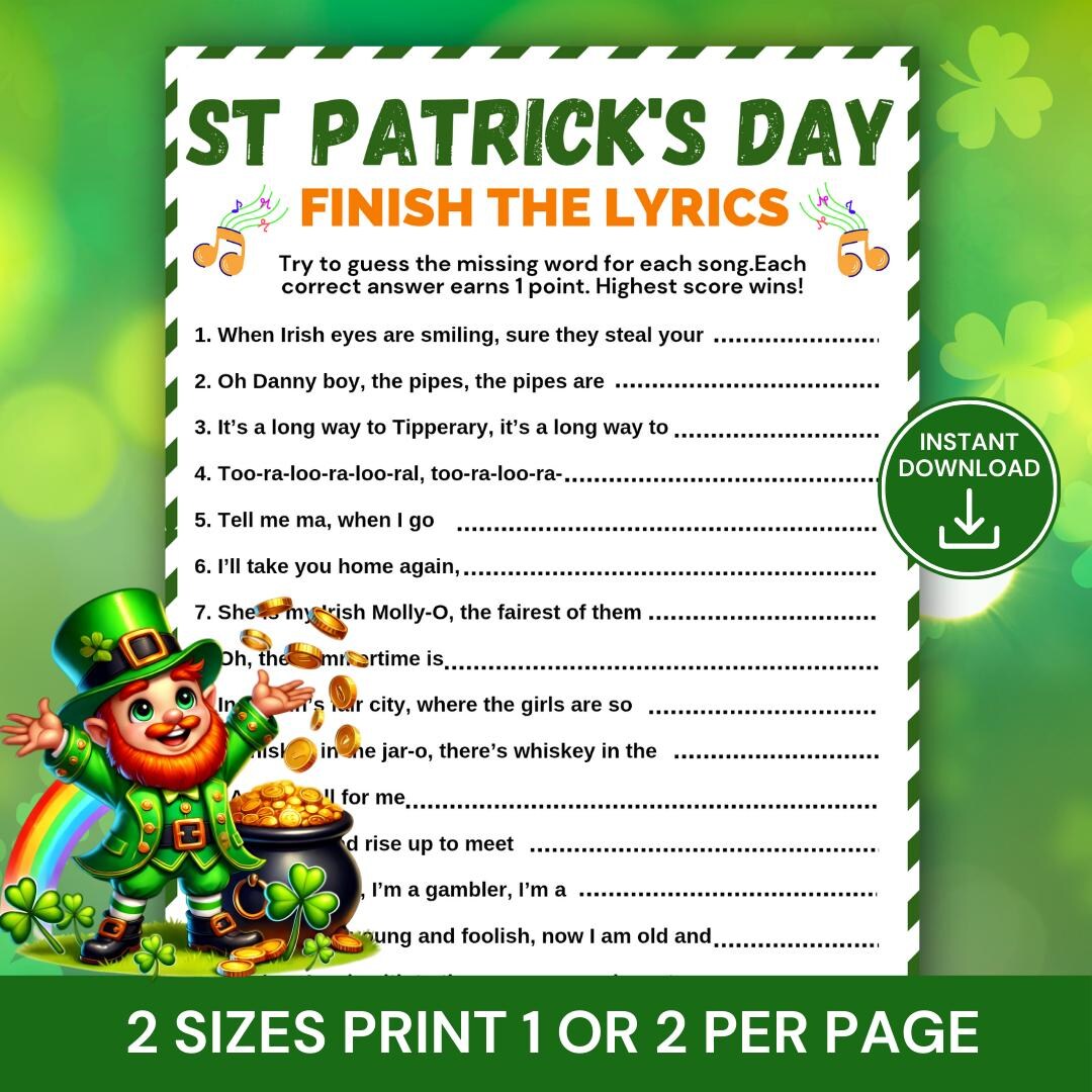St. Patrick’s Day Finish the Lyrics Game, Printable Irish Music Quiz ...