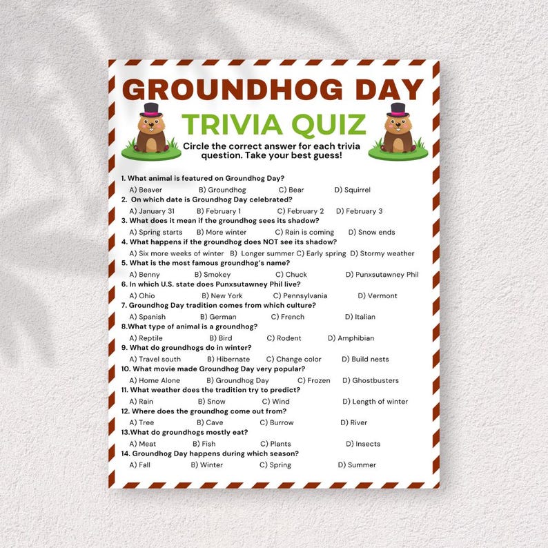 Groundhog Day Trivia Game, Printable Holiday Activity, Family ...