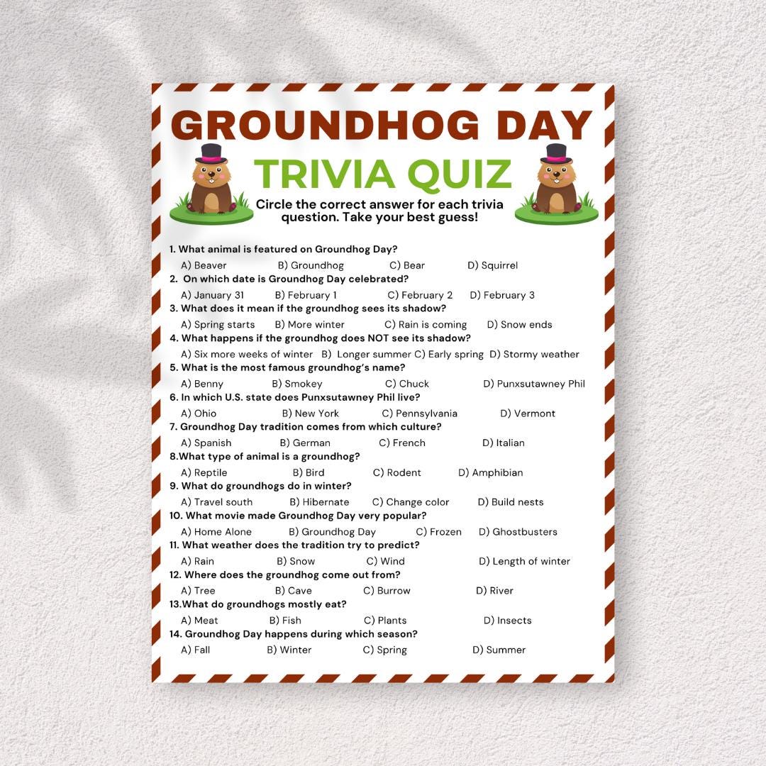 Groundhog Day Trivia Game, Printable Holiday Activity, Family ...