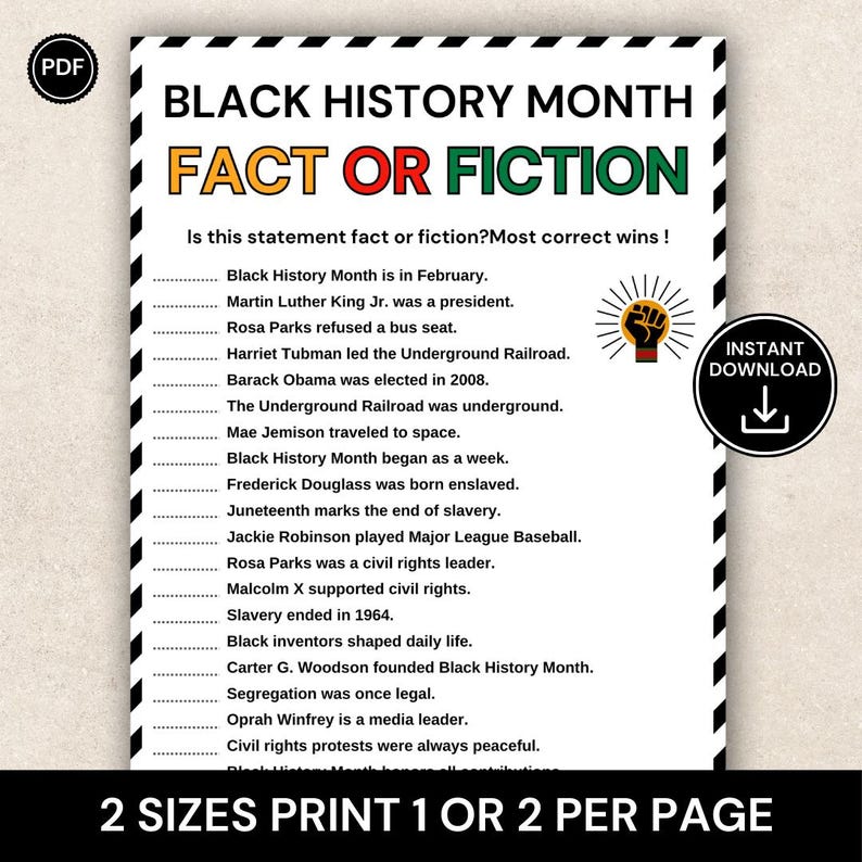 Black History Fact or Fiction Printable Game, Black History Month ...