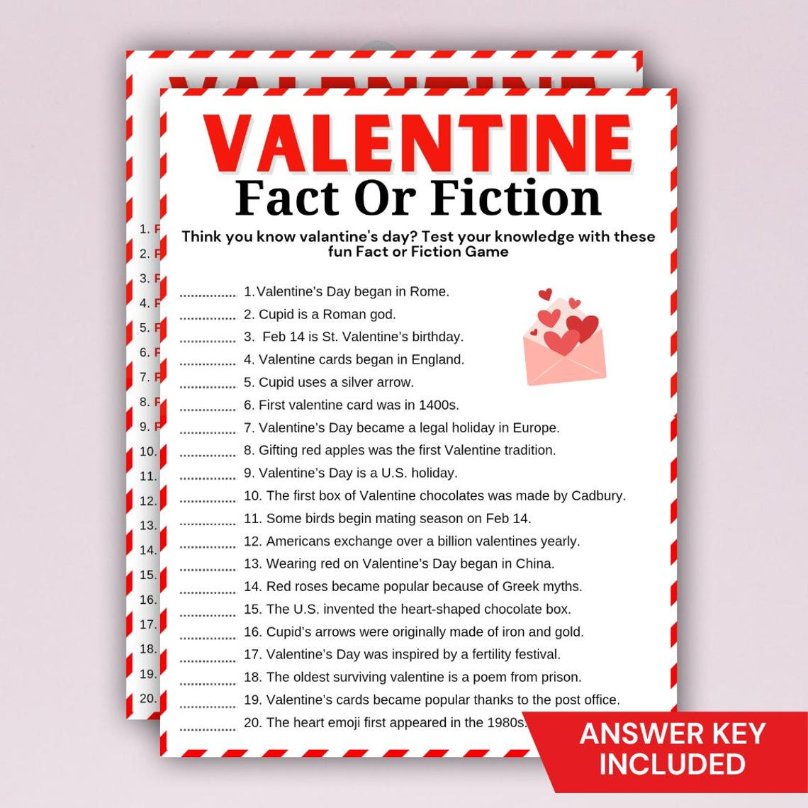 Valentine’s Day Fact or Fiction Game, Valentine Party Game, True or ...