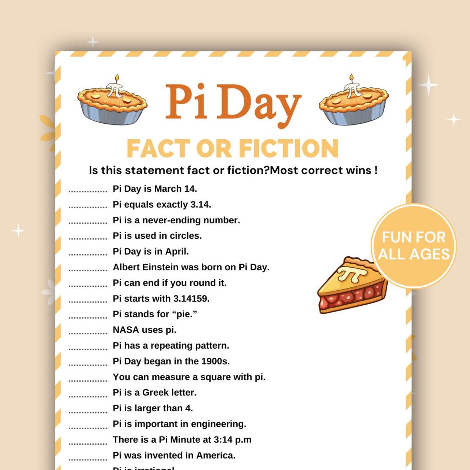 Pi Day Fact or Fiction Game Printable, Math Pi Day Activity, March 14 ...