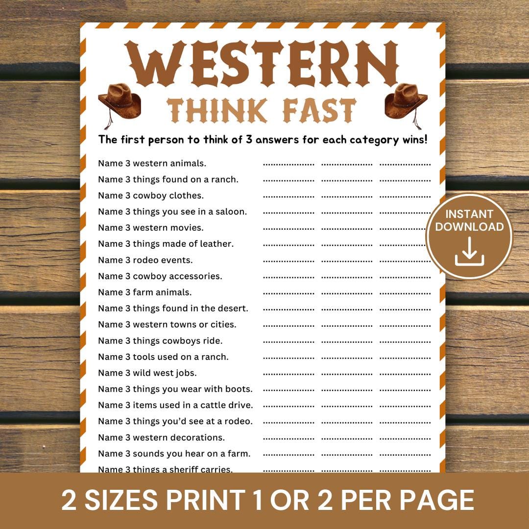 Western Think Fast Game, Printable Cowboy Cowgirl Party Game, Rodeo ...