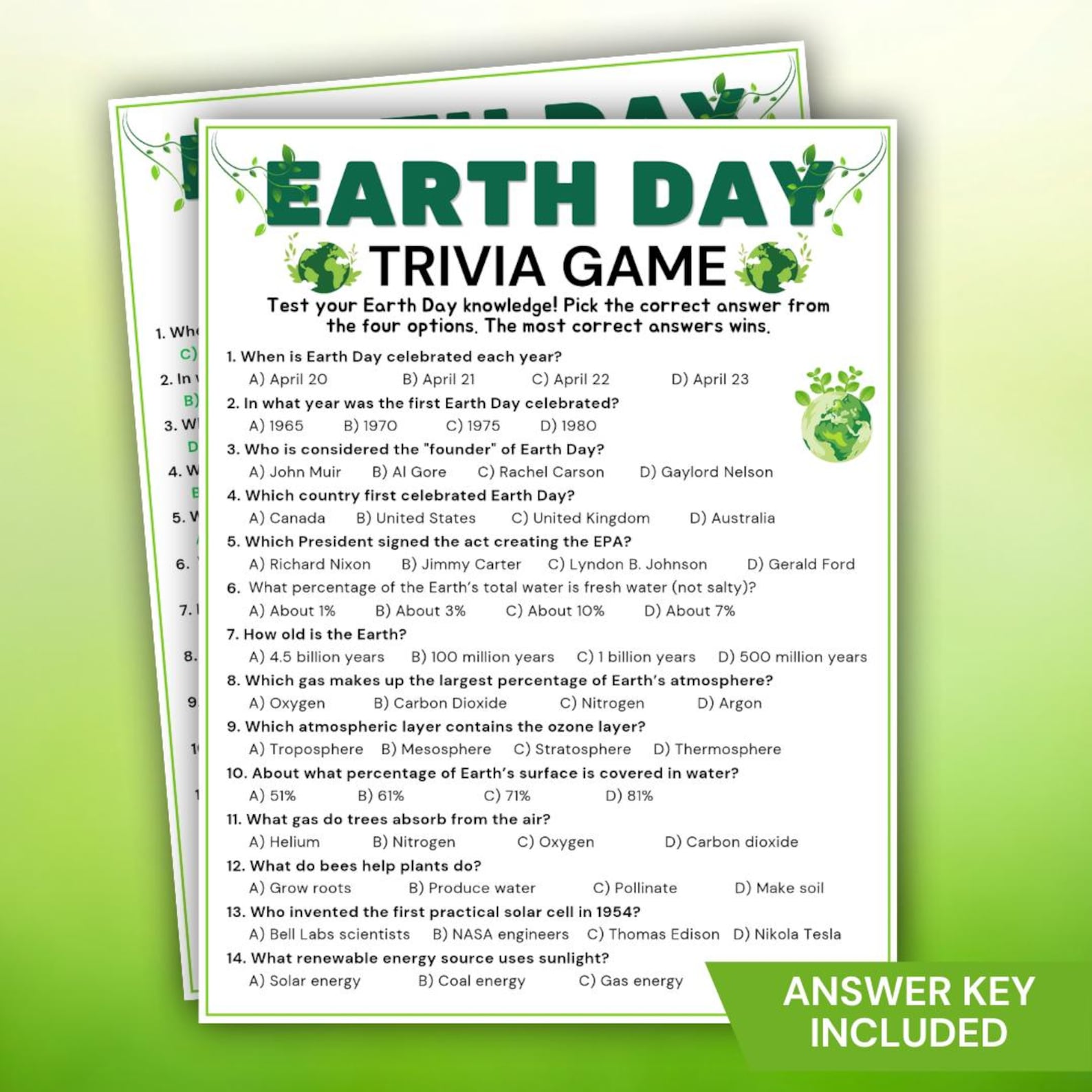 Earth Day Trivia Game Printable, Earth Day Quiz Game, Environmental ...