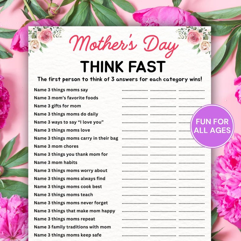 Mothers Day Think Fast Game, Mothers Day Party Game, Quick Thinking ...
