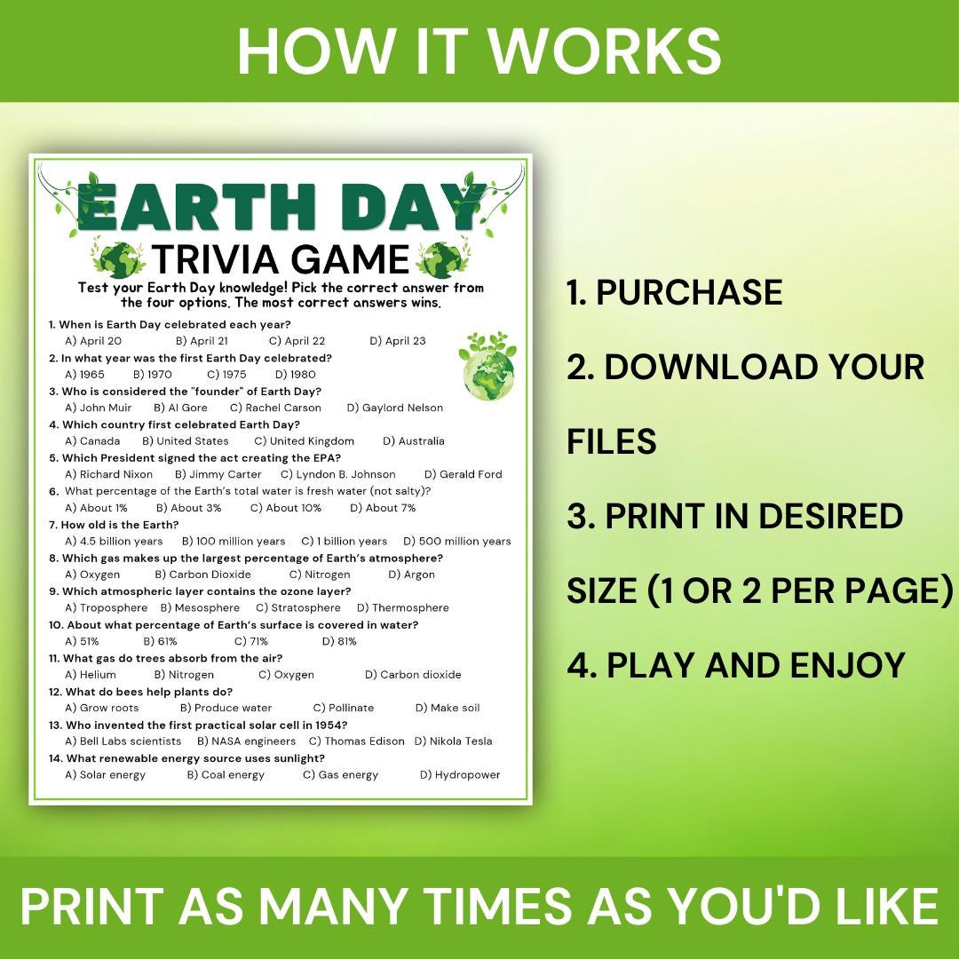Earth Day Trivia Game Printable, Earth Day Quiz Game, Environmental ...
