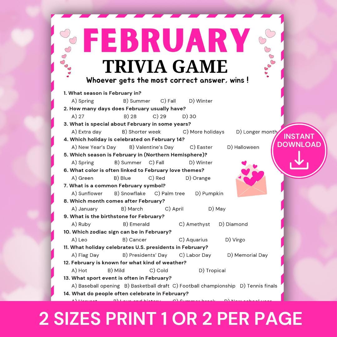 February Trivia Game, Printable Winter & Valentine Trivia Quiz, Fun ...