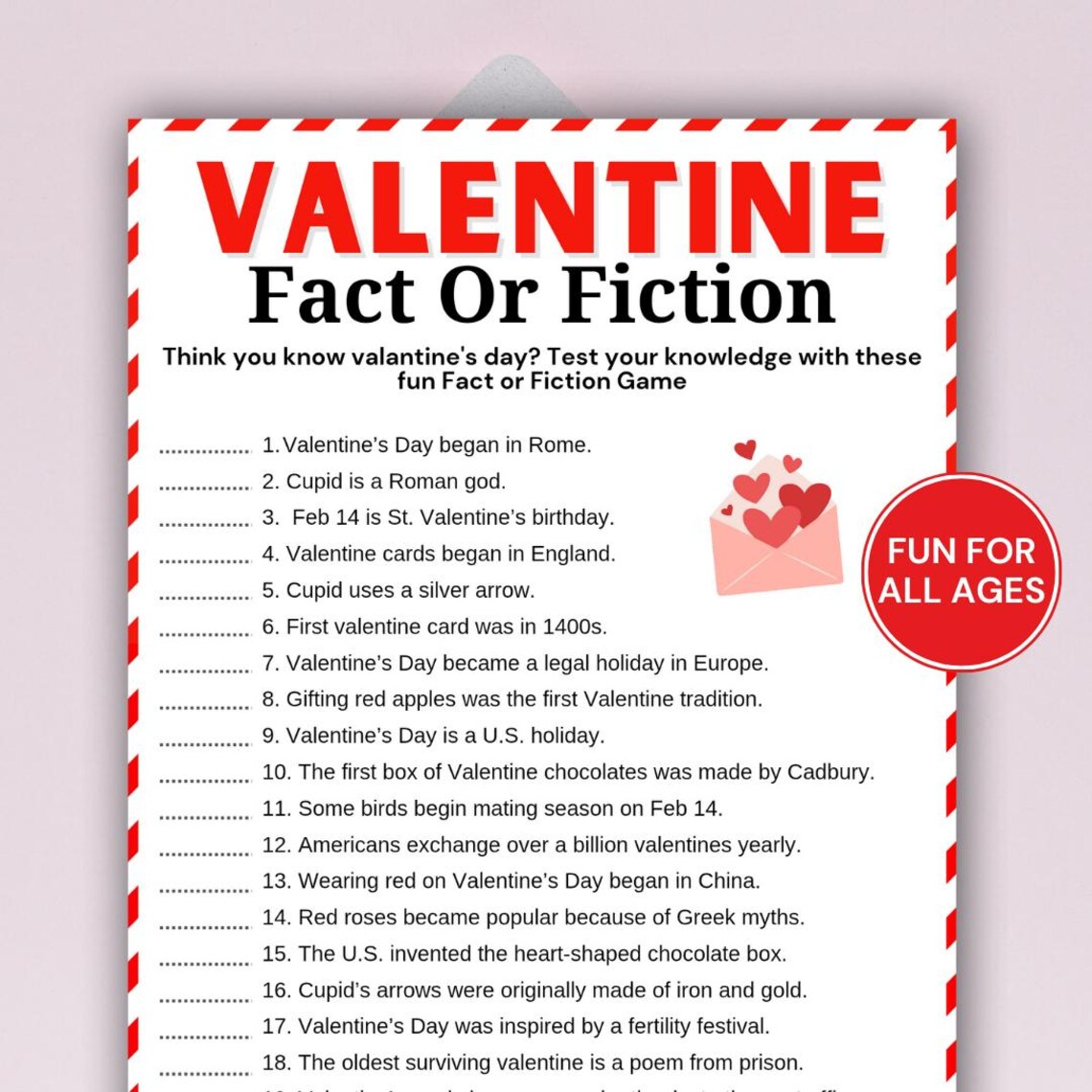 Valentine’s Day Fact or Fiction Game, Valentine Party Game, True or ...