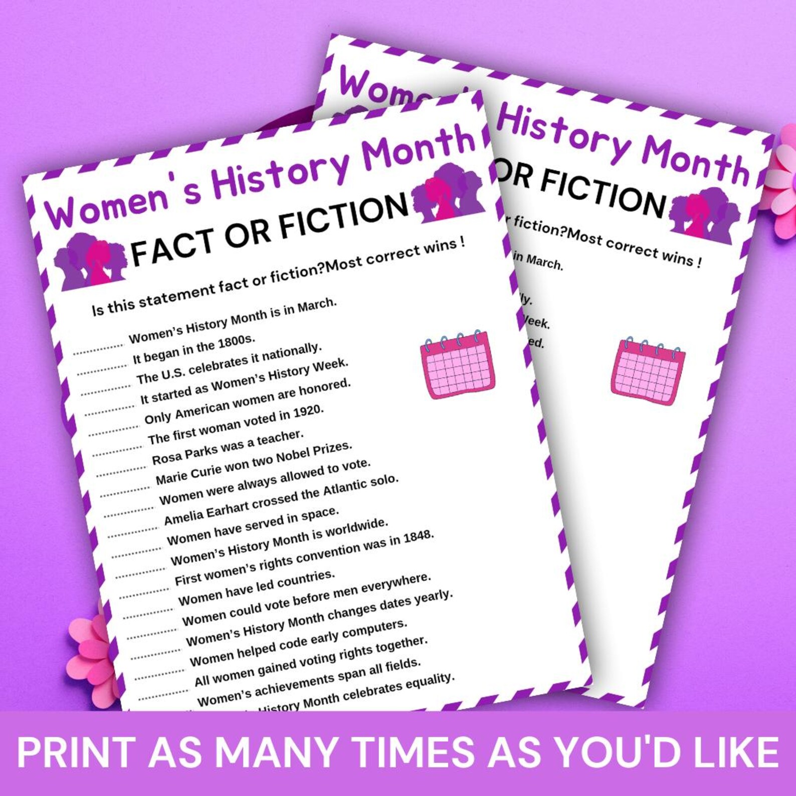 Women’s History Month Fact or Fiction Game, Printable Women’s Day Quiz ...