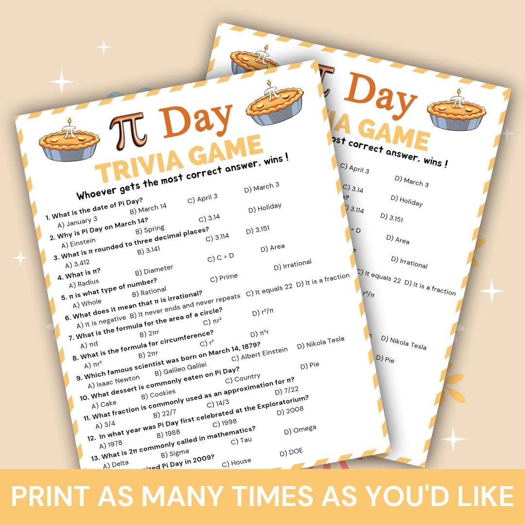 Pi Day Trivia Game Printable, Math Classroom Pi Day Quiz, March 14 ...