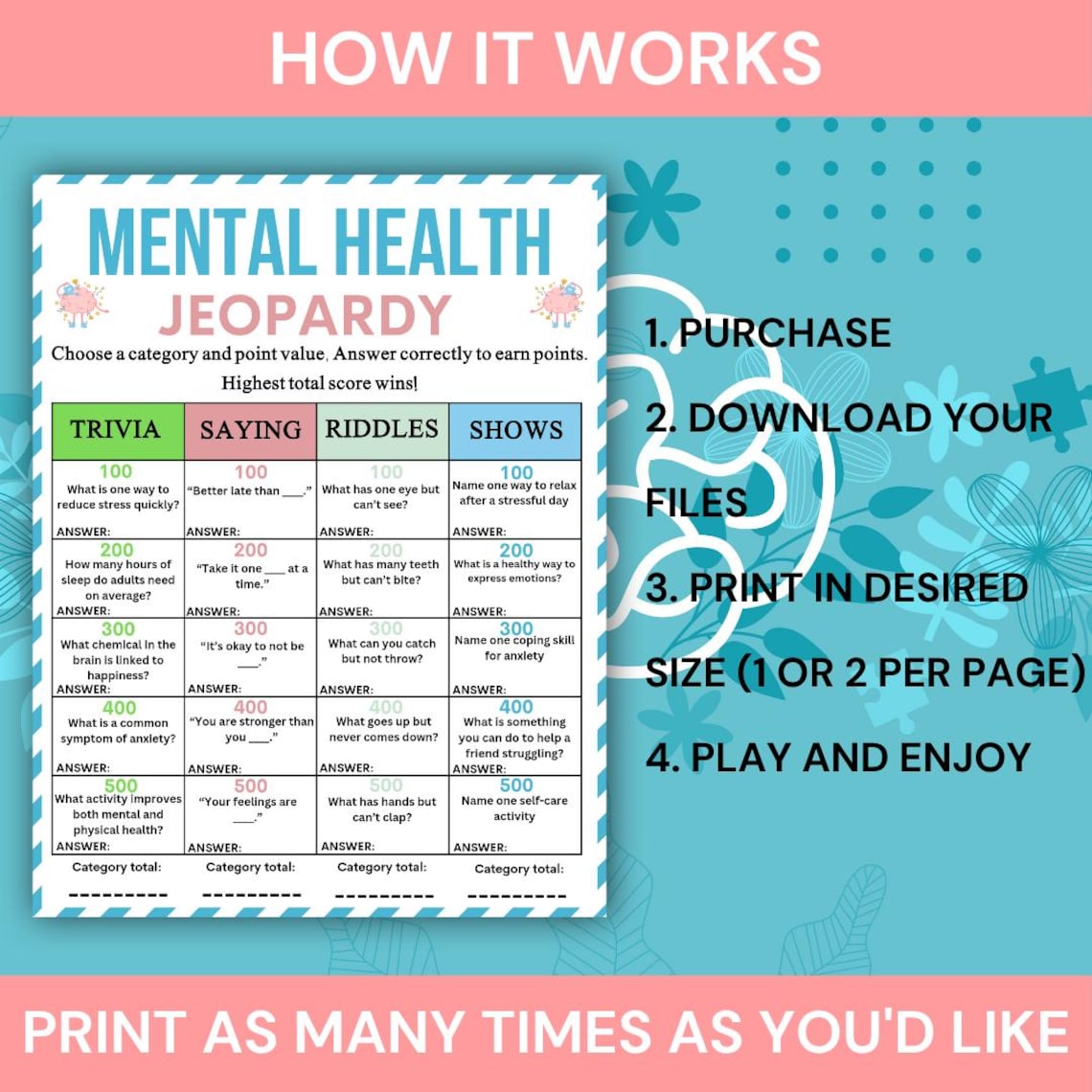 Mental Health Jeopardy Game Printable, Wellness Trivia Game, Therapy ...