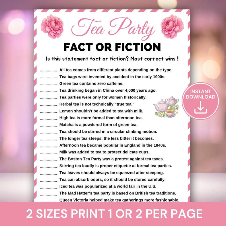 Tea Party Fact or Fiction Game, Tea Party True or False Quiz, Ladies ...