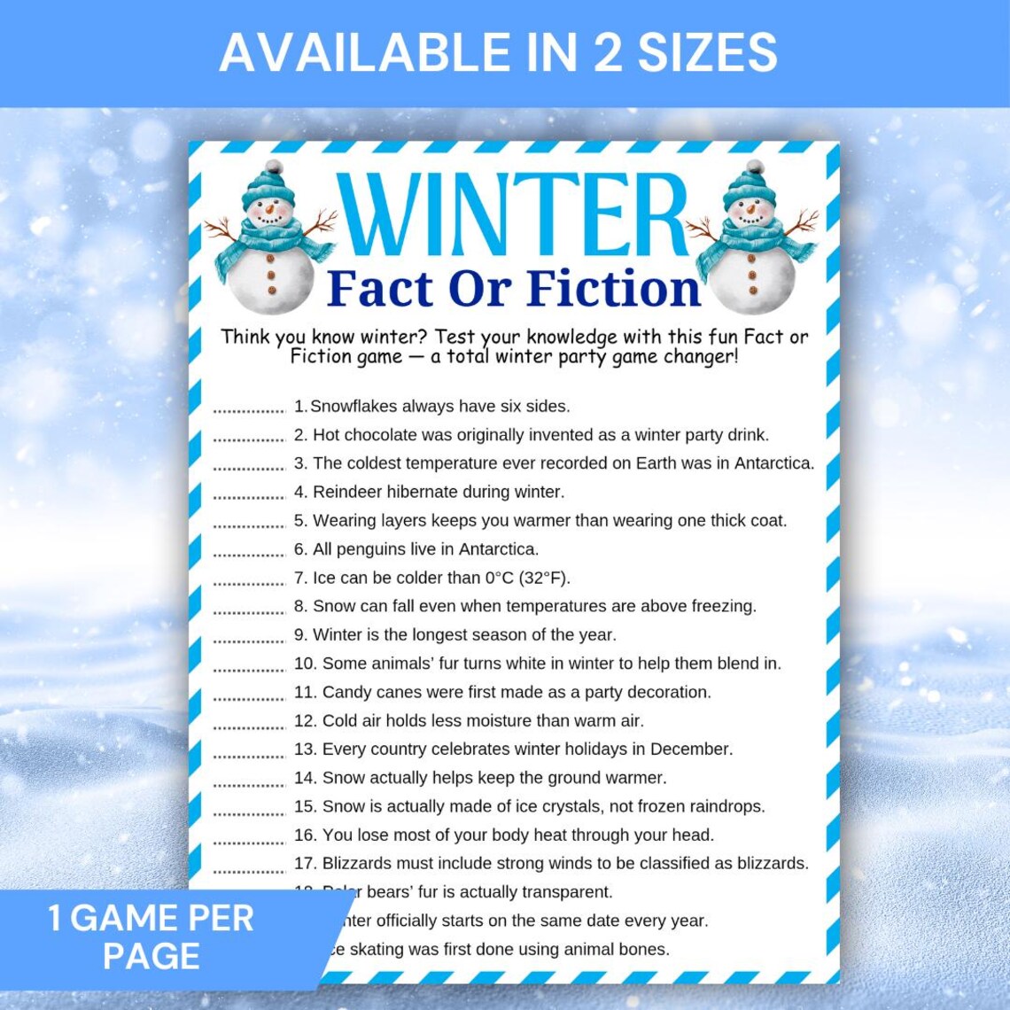 Winter Fact or Fiction Game, Winter Party Game, True or False Winter ...