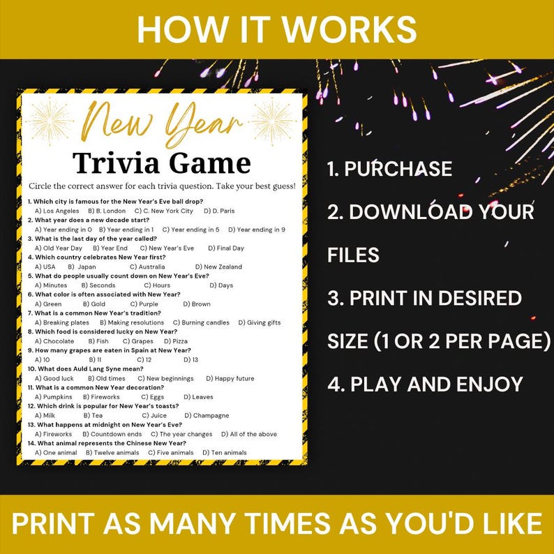 New Year Trivia Game, New Year’s Eve Party Game, Holiday Trivia Quiz ...